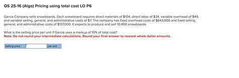 Solved QS Algo Pricing Using Total Cost LO P Garcia Chegg Com