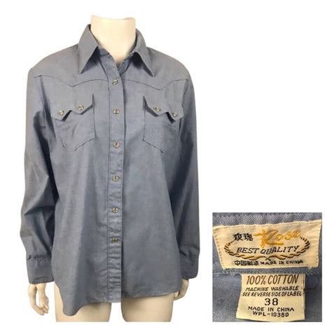 1970s Western Blue Chambray Cotton Button Up Shirt Long Sleeve Women