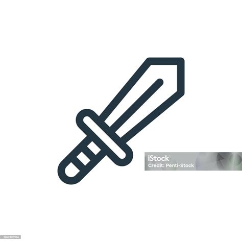 흰색 배경에 격리 된 칼 벡터 아이콘입니다 개요 웹 사이트 디자인 및 모바일 응용 프로그램 개발을위한 얇은 라인 칼 아이콘 얇은 선 검 윤곽선 아이콘 벡터 일러스트레이션