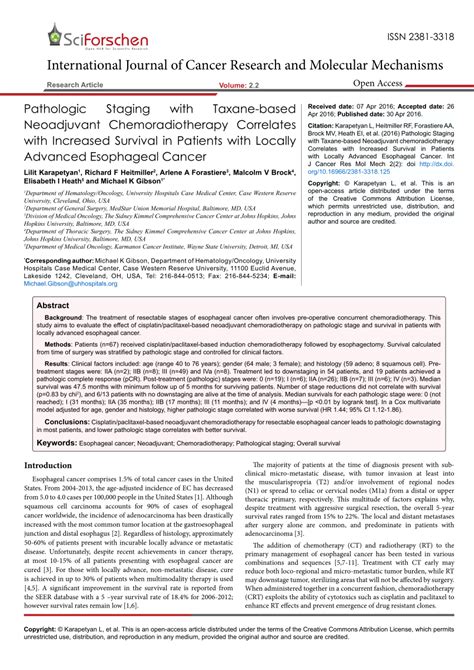 Pdf Pathologic Staging With Taxane Based Neoadjuvant Chemoradiotherapy Correlates With