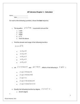 AP Calculus Chapter 1 Test Precalculus Review By CalculusLady