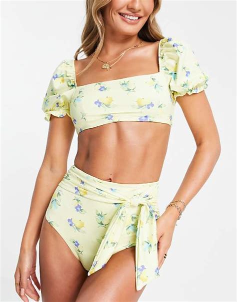 Asos Design Puff Sleeve Bikini Top In Lemon Print Asos