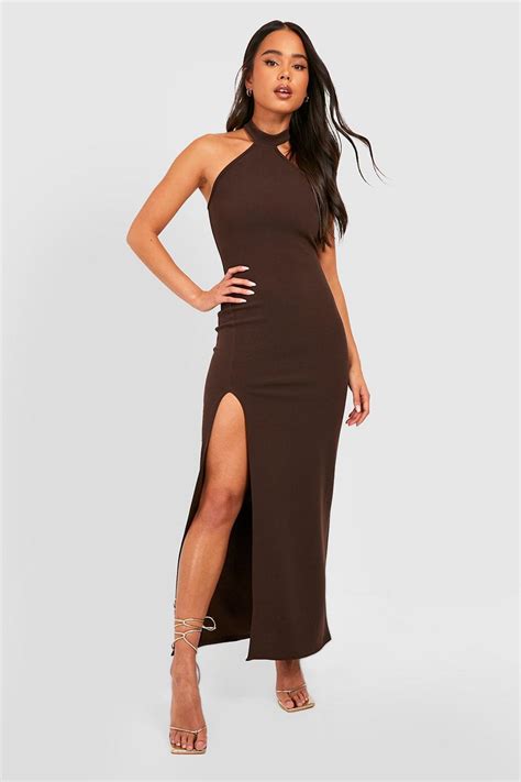 Womens Petite High Neck Split Leg Maxi Dress Boohoo Uk
