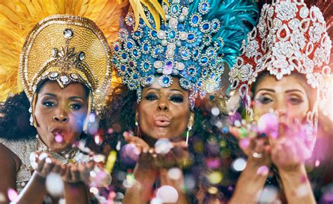 Carnival Confetti And Portrait Of Women In Brazil With Costume Blowing