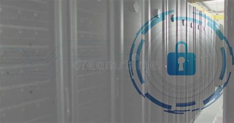Animation Of Scope Scanning With Padlock Icon Over Server Room Stock