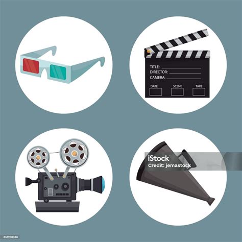 3d Clapperboard와 영화 프로젝터 확성기 감독 안경으로 프레임에 영화 요소와 배경 색상 Theatrical Performance에 대한 스톡 벡터 아트 및 기타