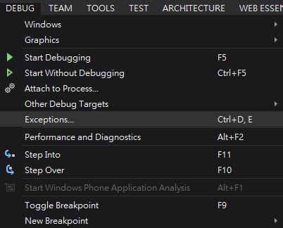 Visual Studio 2015的偵錯例外選項 黑暗執行緒