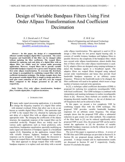 Design Of Variable Bandpass Filters Using First Order Allpass Transformation And Coefficient