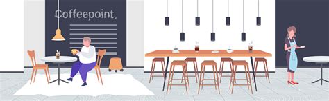 뚱뚱한 과체중 남자 먹는 햄버거 비만 건강에 해로운 영양 개념 비만 남자 앉아 테이블에 앉아 점심 현대 레스토랑 또는 카페 인테리어 수평 전체 길이 평면 먹기에 대한 스톡