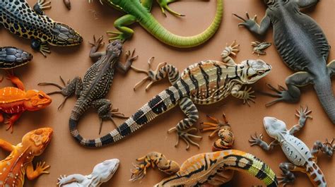 A Collection Of Lizards Of Various Colors And Patterns On A Brown