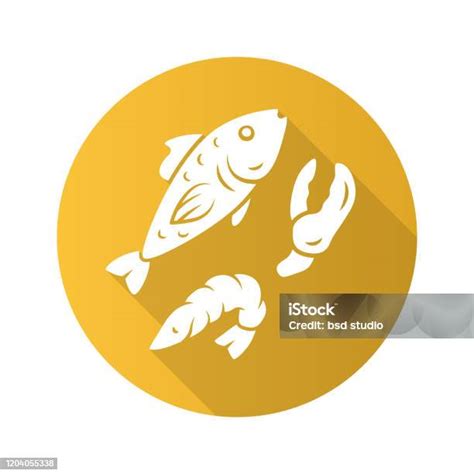 해산물 플랫 디자인 긴 그림자 문 고 아이콘입니다 오메가 3 소스 제품 미식가 식사 건강한 음식 삶은 새우 연어 접시 재료 물고기 새우 랍스터 발톱 벡터 실루엣 일러스트 3