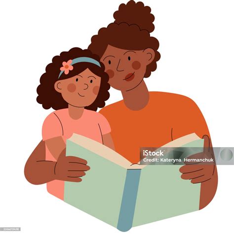 검은 피부의 어머니가 딸에게 책을 읽어 준다 집에서 가족과 함께하는 시간 여자의 무릎에 앉아서 함께 책을 읽고 있는 소녀 가정 활동의 그림 가족에 대한 스톡 벡터 아트 및