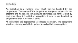 EXCEPTIONS PYTHON Pptx RUNTIME ERRORS HANDLING PPT