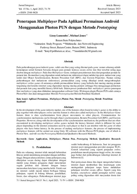 Pdf Penerapan Multiplayer Pada Aplikasi Permainan Android Menggunakan Photon Pun Dengan Metode