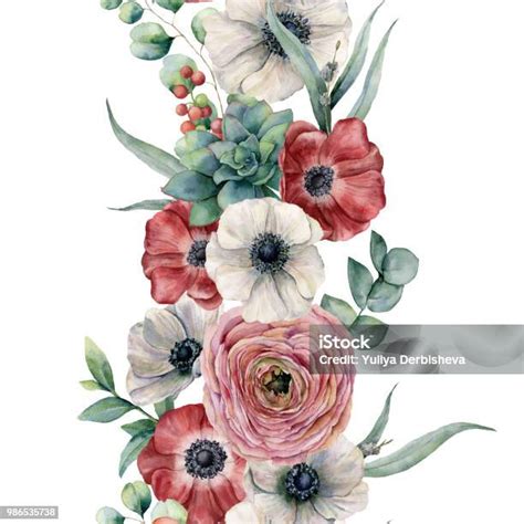 수채화의 완벽 한 수직 꽃 테두리입니다 빨간색 흰색 곰으로 그린된 꽃다발 손 미나리 아재 비 즙 유칼립투스 나뭇잎 지점 딸기 흰색 배경에 고립 식물 인쇄 0명에 대한 스톡