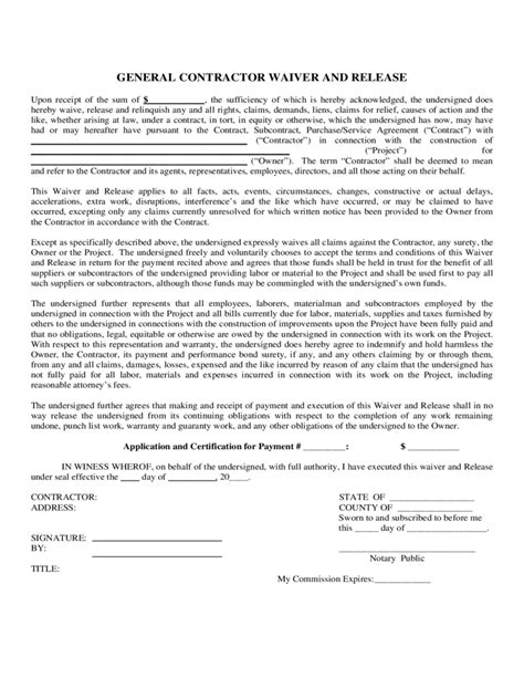 General Contractor Liability Release Form Printable Insurance Word Document Printable Forms