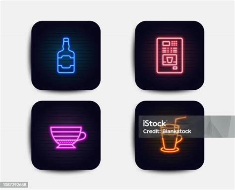 위스키 병 카푸치노 및 커피 자동 판매기 아이콘입니다 칵테일 기호입니다 알코올 커피 컵 신선한 음료의 스카치 벡터 고급에 대한