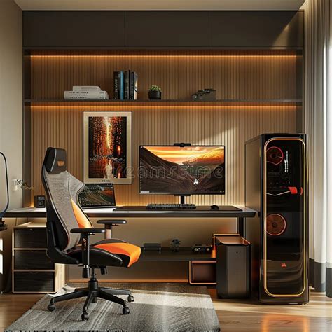Sleek Gaming Setup With Custom Built Computer And Ergonomic Chair Stock Illustration
