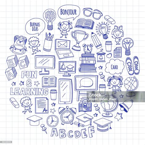 언어 학교 아이 들 Chidlren 남자와 여자 행복 한 학생 들은 영어 스페인어 독일어 이탈리아어 아랍어 언어 대학 대학 학습 유치원 언어 클래스 플레이 연구 벡터 아이콘