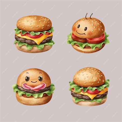 터의 손으로 그린 햄버거 세트 재미있는 만화 일러스트레이션 프리미엄 벡터