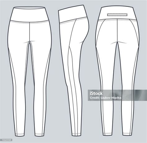 레깅스 바지 기술 패션 그림입니다 스포츠 레깅스 패션 플랫 기술 도면 템플릿 높은 허리 전면 측면 및 후면보기 흰색 색상 Cad