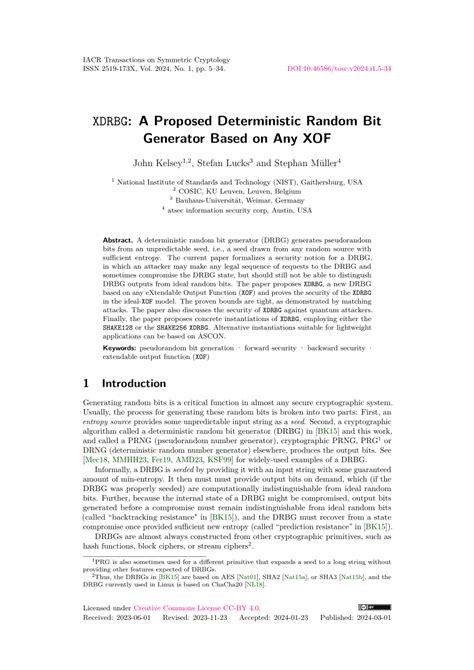 Pdf Xdrbg A Proposed Deterministic Random Bit Generator Based On Any Xof
