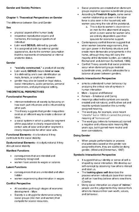 Gender And Society Pointers Gender And Society Pointers Chapter 1 Theoretical Perspectives On
