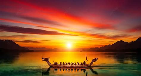 Majestic Dragon Boat Rowing Across Calm Water At Vibrant Sunset Dragon
