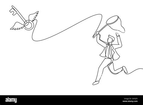 single continuous line drawing businessman try to catching flying key