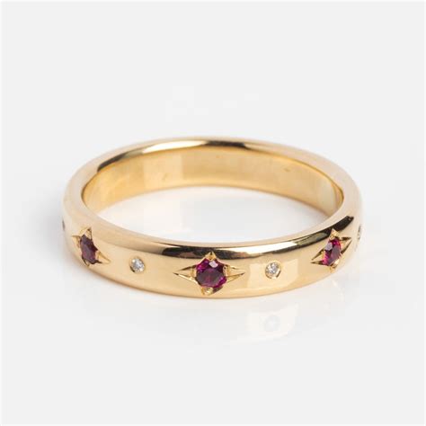 14k Solid Gold Ruby Wedding Band Thick Band Ring For Women Pave Ruby