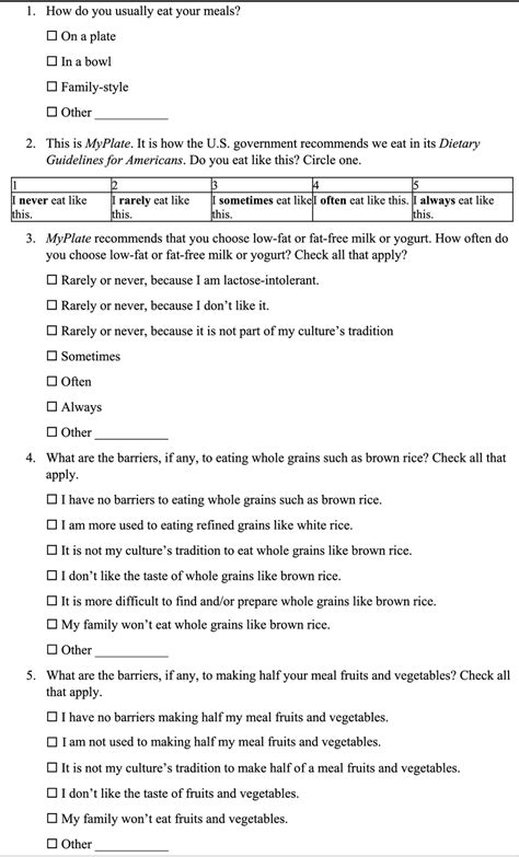 Condensed Sample Of Myplate Related Quantitative Survey Questions Download Scientific Diagram