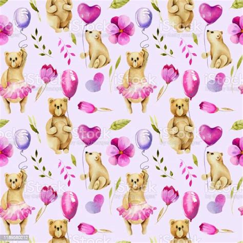 수채화 곰의 원활한 패턴은 회색 배경에 그려진 공기 풍선 분홍색 꽃과 식물을 들고 곰에 대한 스톡 벡터 아트 및 기타 이미지 곰 귀여운 꽃 식물 Istock