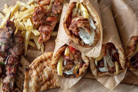 그리스 길거리 음식 자이로 얇게 썬 고기 피타 빵 랩과 수블라키 꼬치 오버헤드 프리미엄 사진