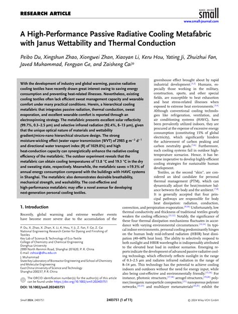 A High‐performance Passive Radiative Cooling Metafabric With Janus Wettability And Thermal
