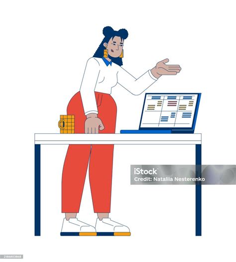 비즈니스 캐주얼 라티나 회사원이 노트북 2d 만화 캐릭터에 데이터 테이블을 설명 2차 도형에 대한 스톡 벡터 아트 및 기타 이미지 2차 도형 가공의 인물 경영자