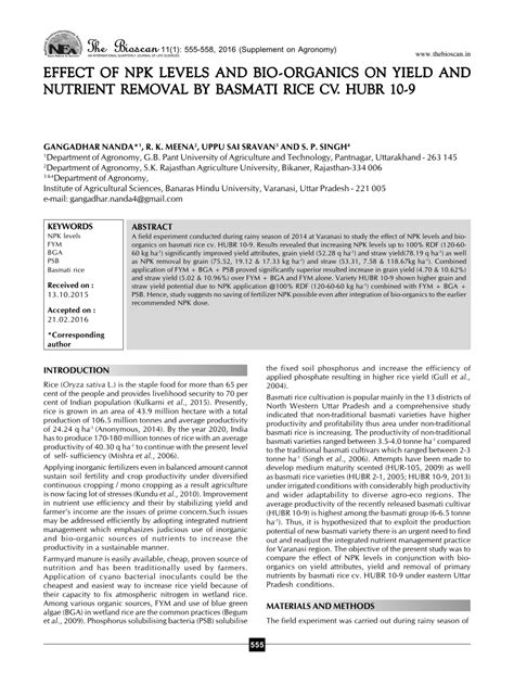 (PDF) Effect of NPK levels and bio-organics on yield and nutrient removal by basmanti rice cv ...