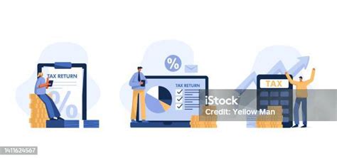 세금 회계 및 연간 재무 서류 작업을합니다 남성과 여성의 캐릭터와 문서 노트북 계산기 벡터 일러스트 레이 션 세금에 대한 스톡 벡터 아트 및 기타 이미지 Istock