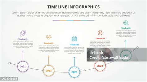 타임라인 이정표 큰 윤곽이 있는 인포그래픽 개념 원파 곡선 수평 방향 슬라이드 프레젠테이션 5점 목록 타임라인에 대한 스톡 벡터