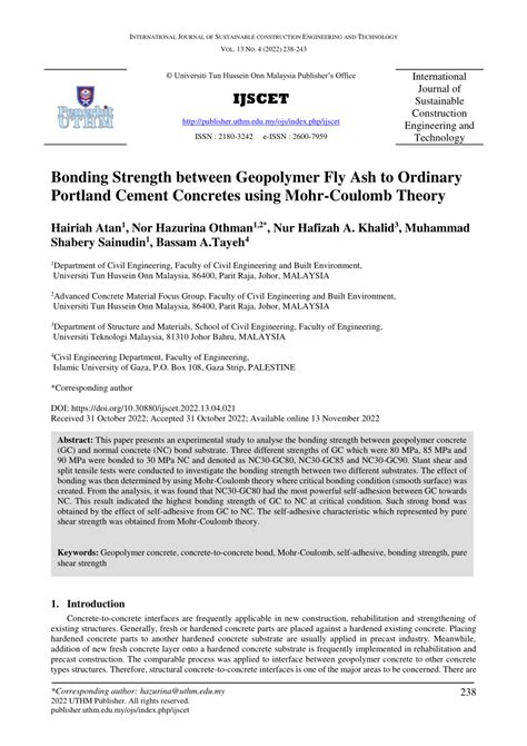 Pdf Bonding Strength Between Geopolymer Fly Ash To Ordinary Portland Cement Concretes Using