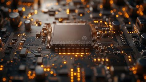 Close Up Of An Illuminated Cpu On A Circuit Board With Traces And