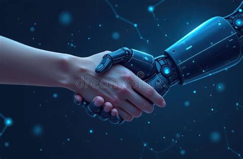 Human And Robotic Handshake Symbolizing Human Machine Collaboration