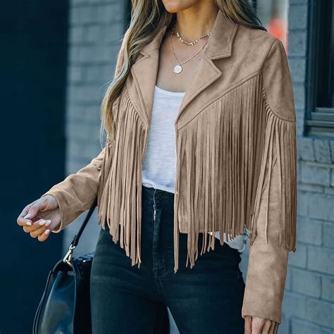 Womens Cropped Fringe Faux Suede Leather Motorcycle Jacketswomen 2022