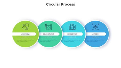 수평 행에 배치된 화살표가 있는 4개의 중첩 원형 요소 회사 개발 전략의 4단계 개념 비즈니스 분석 보고서에 대 한 현대 평면 간단한 벡터 그림입니다 4가지 개체에 대한