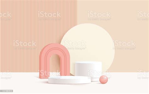 추상 3d 흰색 실린더 받침대 연단과 파스텔 벽 장면과 원형 배경 광고 장면 강단에 대한 스톡 벡터 아트 및 기타 이미지