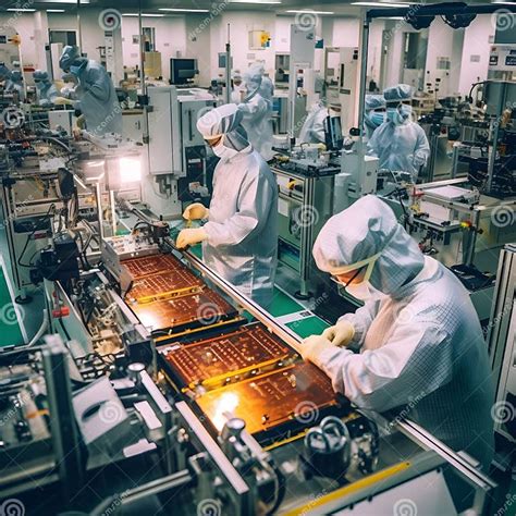 A Bustling Factory Floor With Workers In Safety Gear Operating Machinery And Assembling Solar
