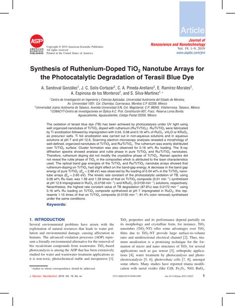 Pdf Synthesis Of Ruthenium Doped Tio₂ Nanotube Arrays For The Photocatalytic Degradation Of