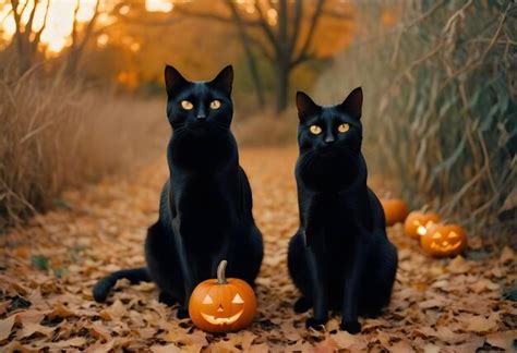 Spooky Black Cats And Traditional Halloween Symbols In Eerie Settings