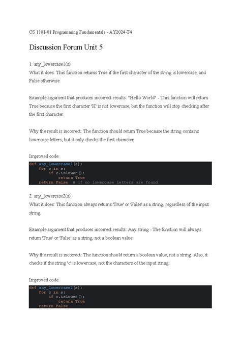 Discussion Forum Unit 1 CS 1101 01 Programming Fundamentals AY2024 T Discussion Forum Unit 5