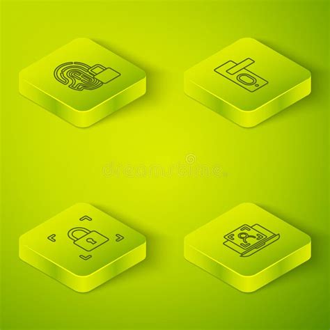 Set Isometric Fingerprint Door Lock With Laptop Face Recognition And Icon Vector Stock Vector