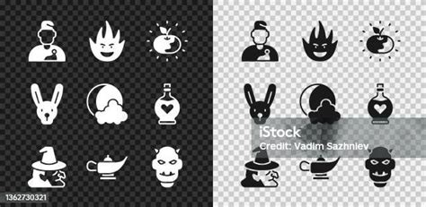 마법사 의 틀록 불꽃 독 사과 마녀 매직 램프 또는 알라딘 뿔 토끼 귀와 달과 별 아이콘 악마의 마스크설정합니다 벡터 알라딘과 마법 램프에 대한 스톡 벡터 아트 및 기타